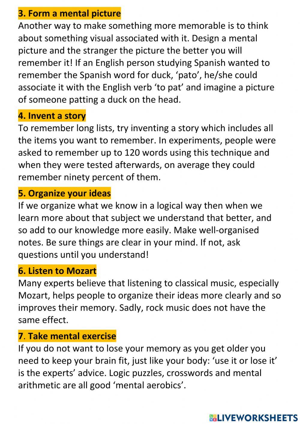 10 ways to improve memory online exercise for | Live Worksheets