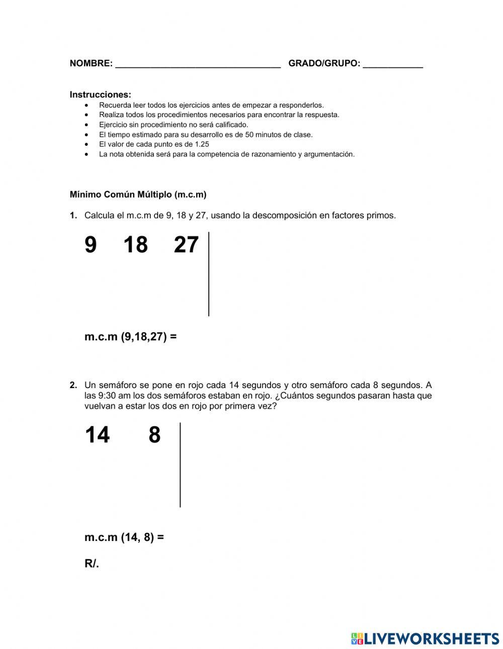 Mcm y MCD online pdf worksheet | Live Worksheets