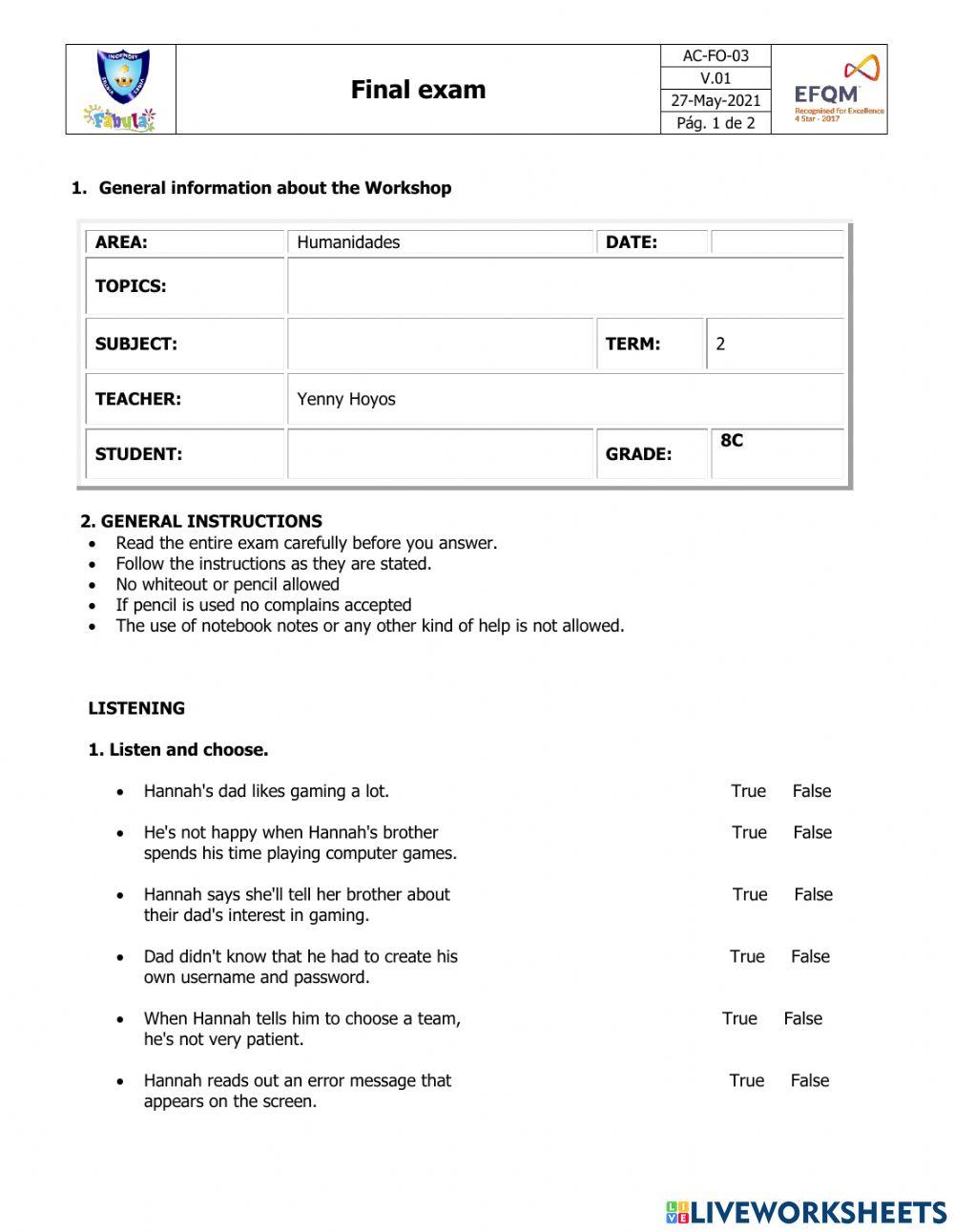 Final exam 8c worksheet | Live Worksheets