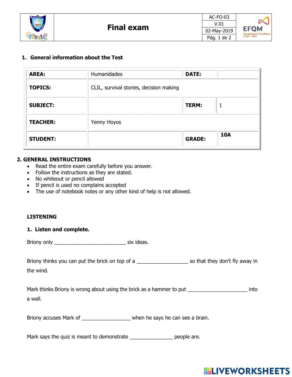 Final exam 10 A worksheet | Live Worksheets