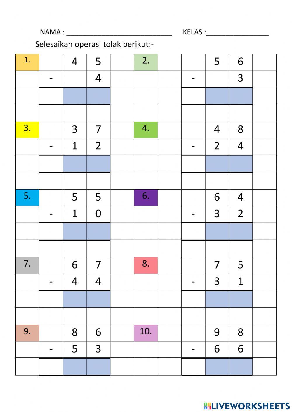 Operasi Tolak T… | Free Interactive Worksheets | 1078060