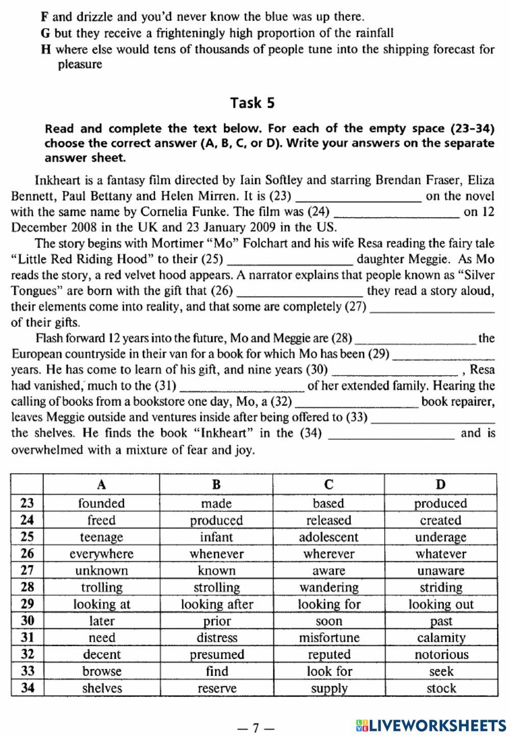 Exam Focus Complex Tests - Test 1 worksheet | Live Worksheets