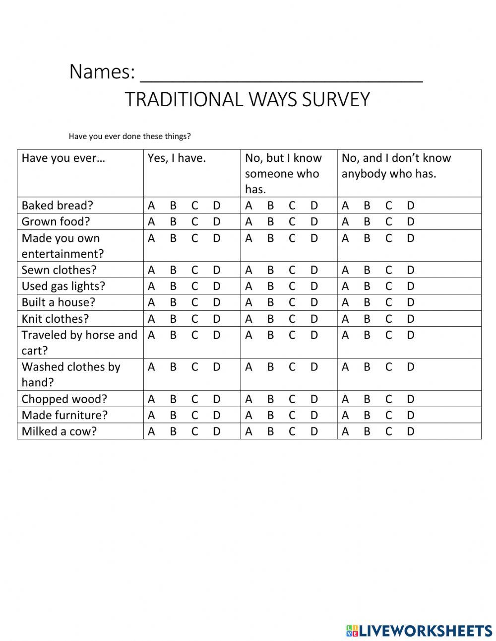 Traditional ways survey worksheet | Live Worksheets