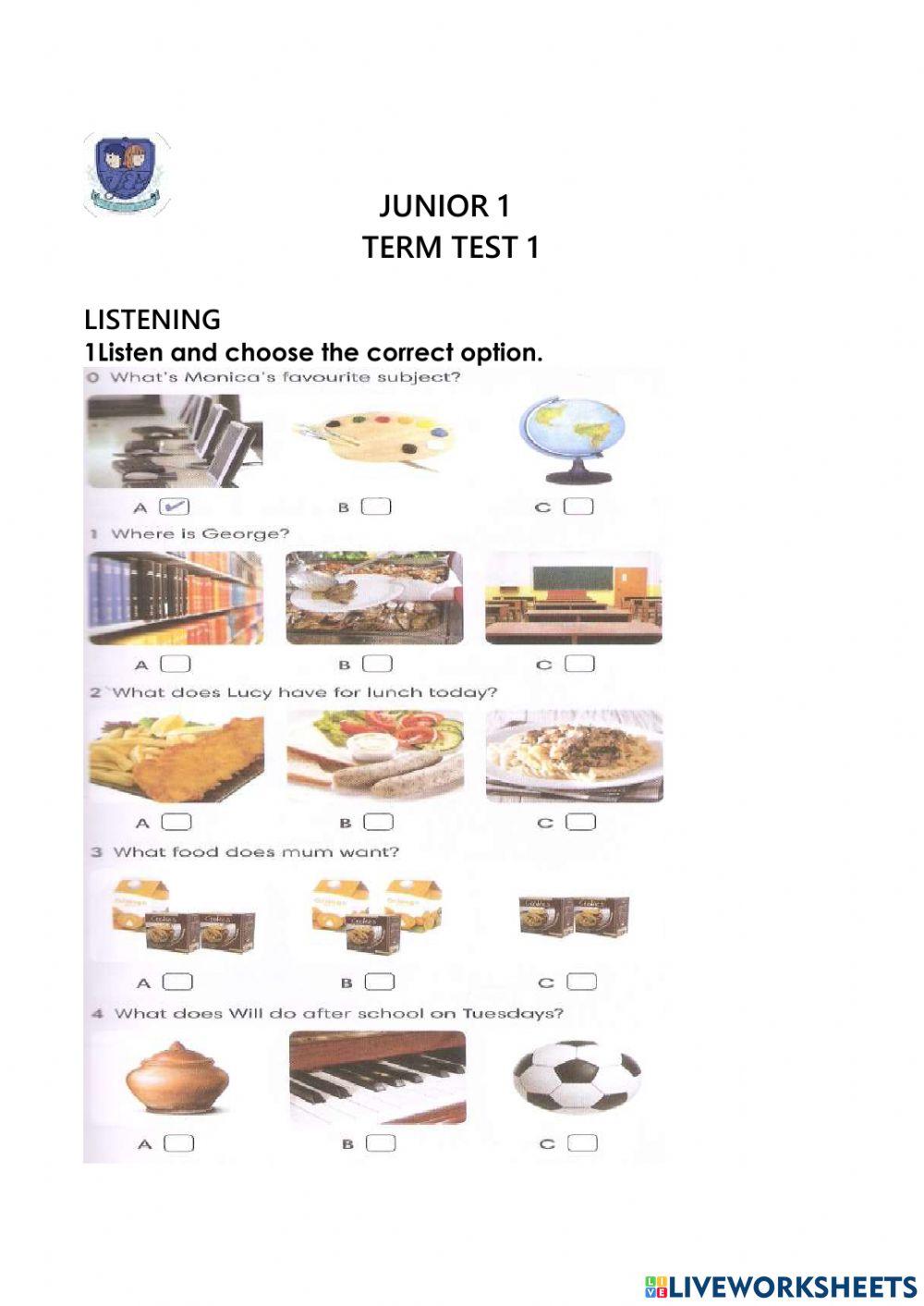 Term test Junior 1 worksheet | Live Worksheets