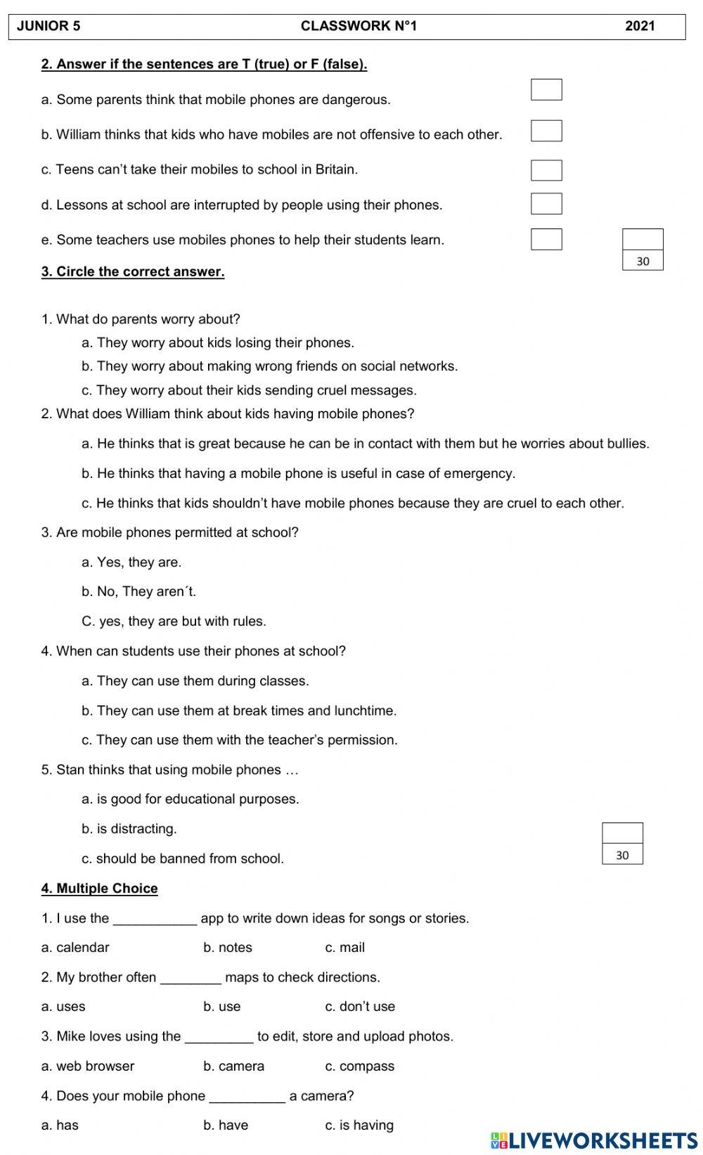 Junior 5 Classwork N°1 worksheet | Live Worksheets