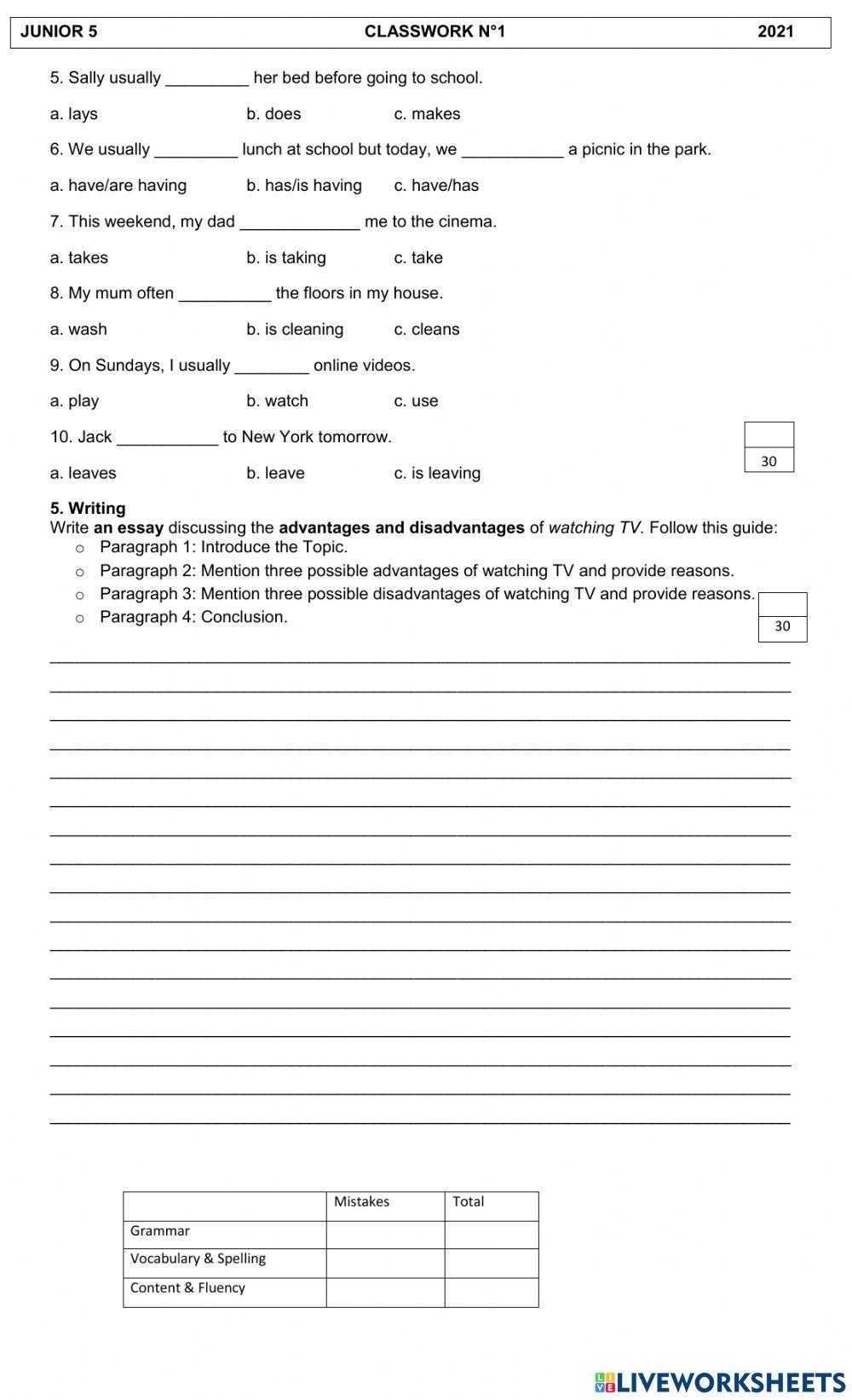 Junior 5 Classwork N°1 worksheet | Live Worksheets