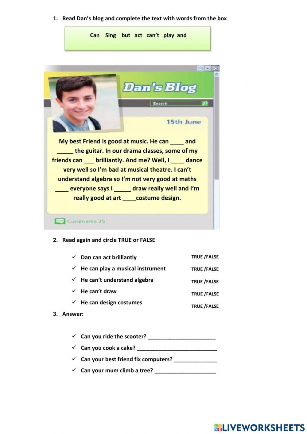 Dan's blog worksheet | Live Worksheets