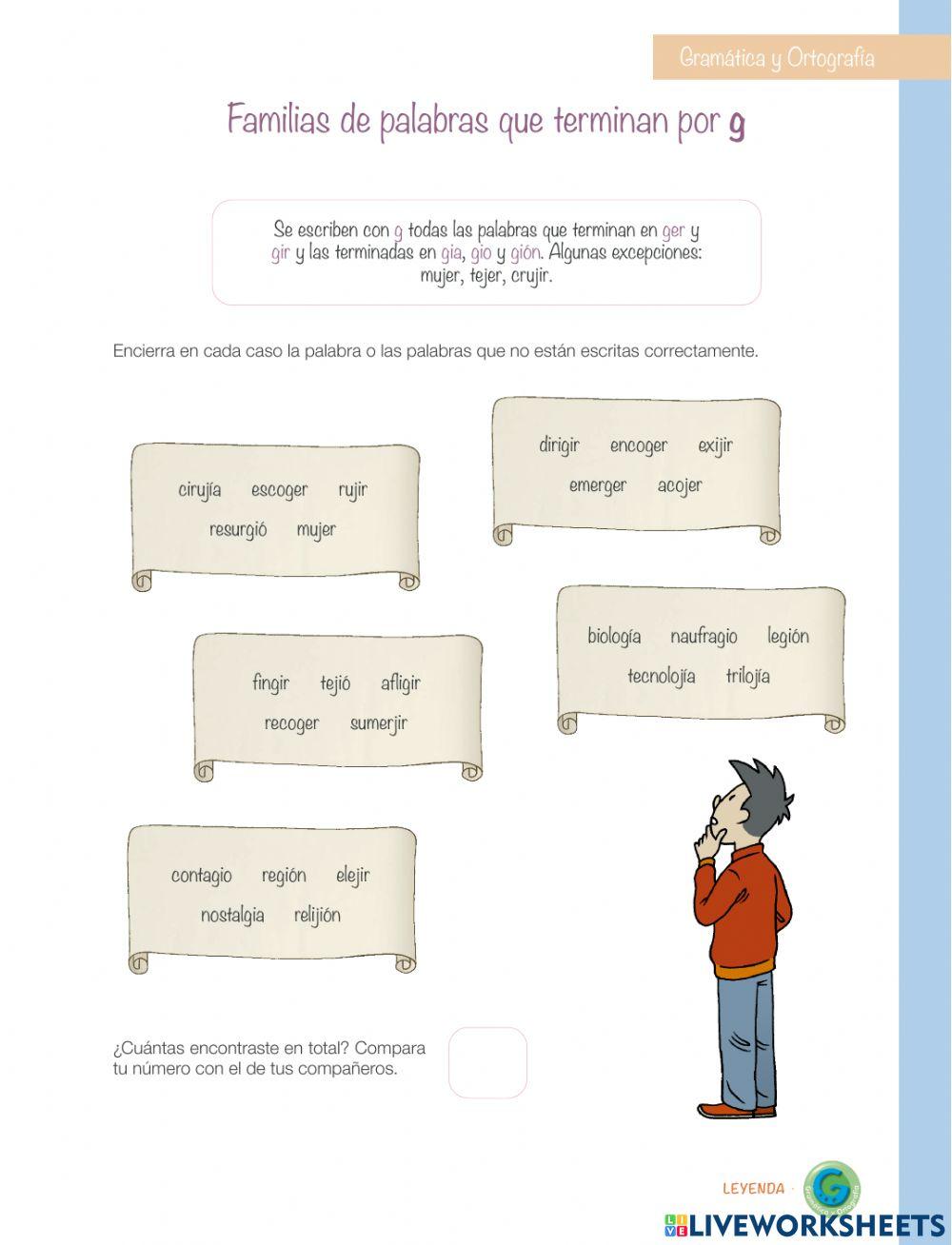 Palabras con g Lengua Castellana activity | Live Worksheets