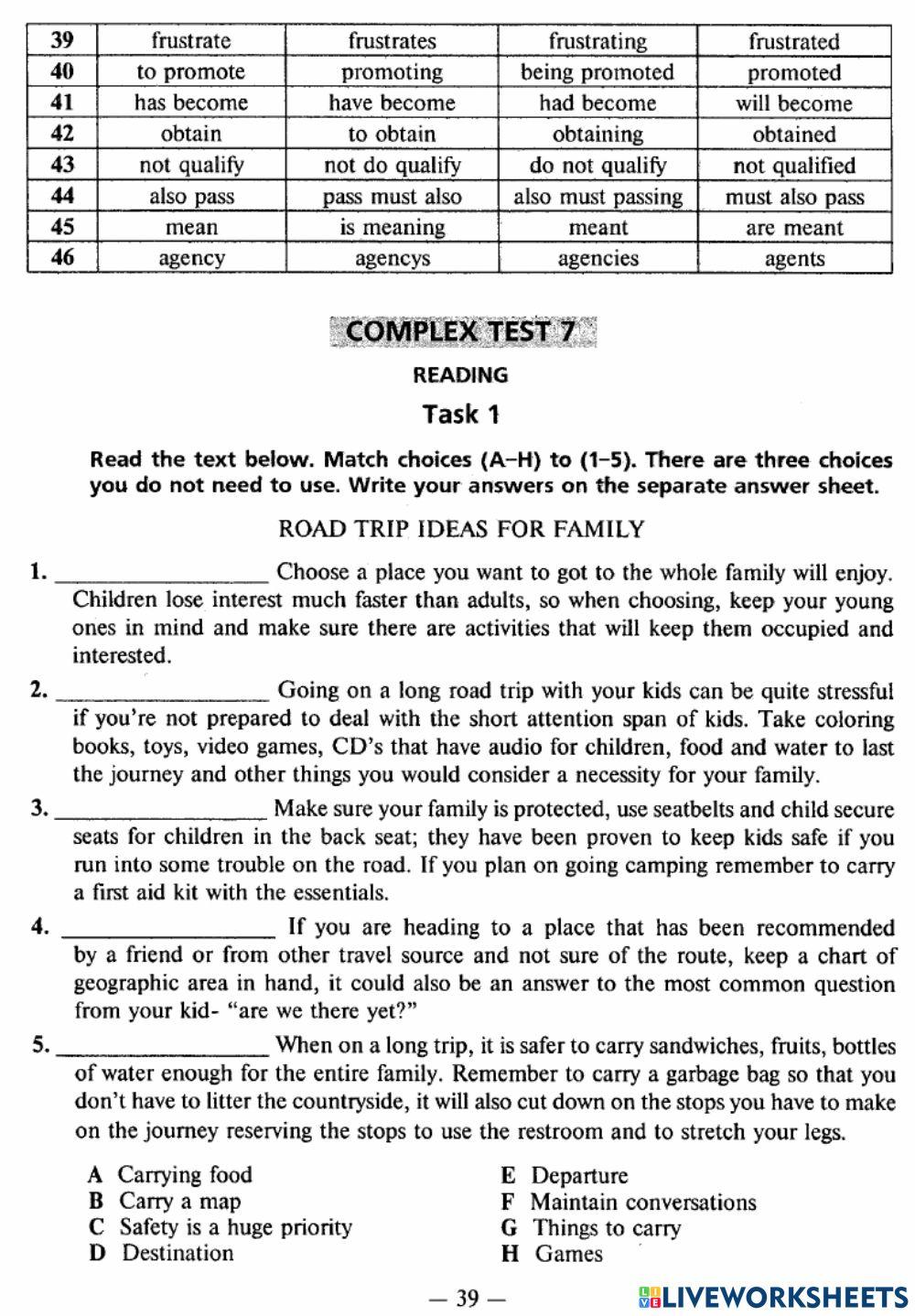 Exam Focus Complex Tests - Test 7 worksheet | Live Worksheets