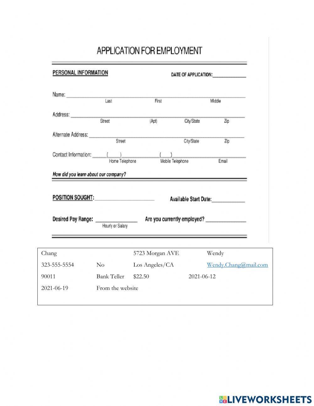 Job Application Worksheets