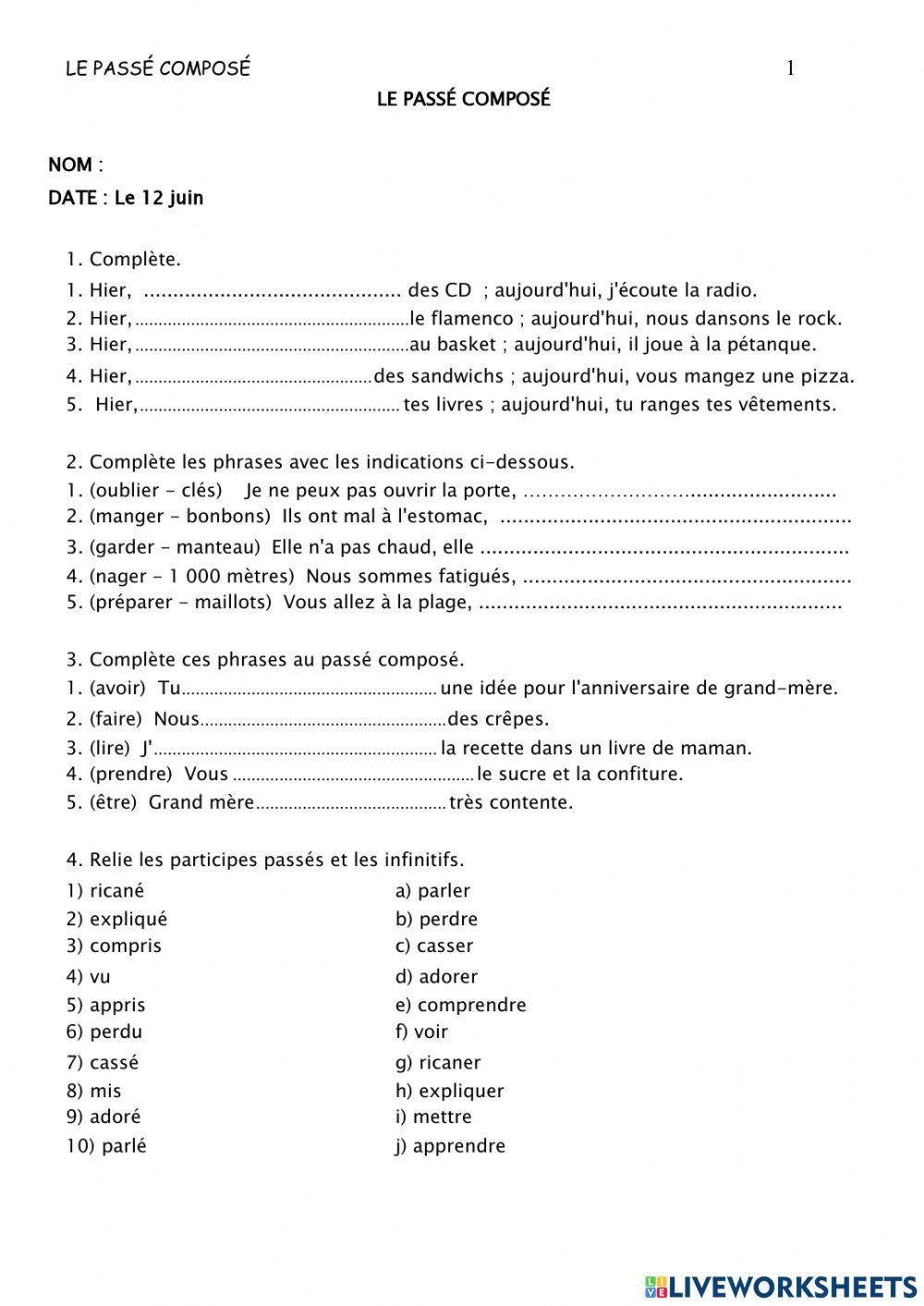 Le passé composé | Free Interactive Worksheets | 1079301