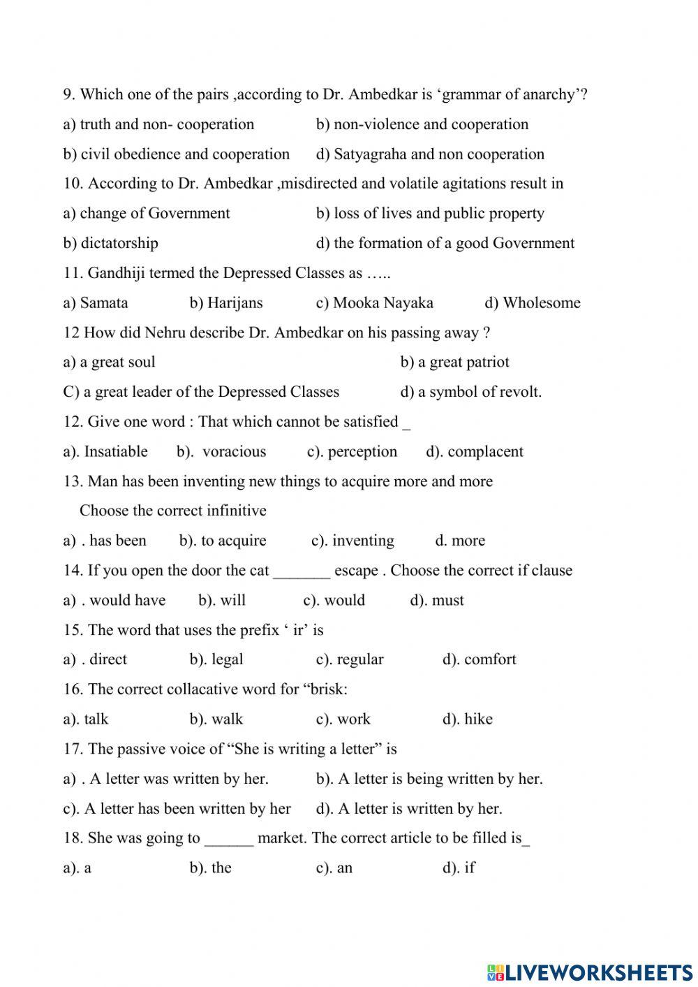 Unit 4 exercise for sslc | Live Worksheets