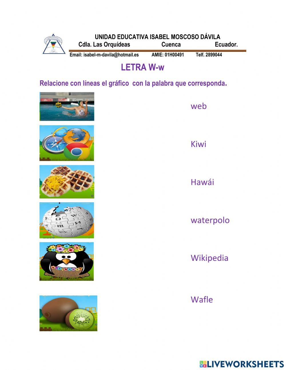 Letra w online pdf worksheet | Live Worksheets