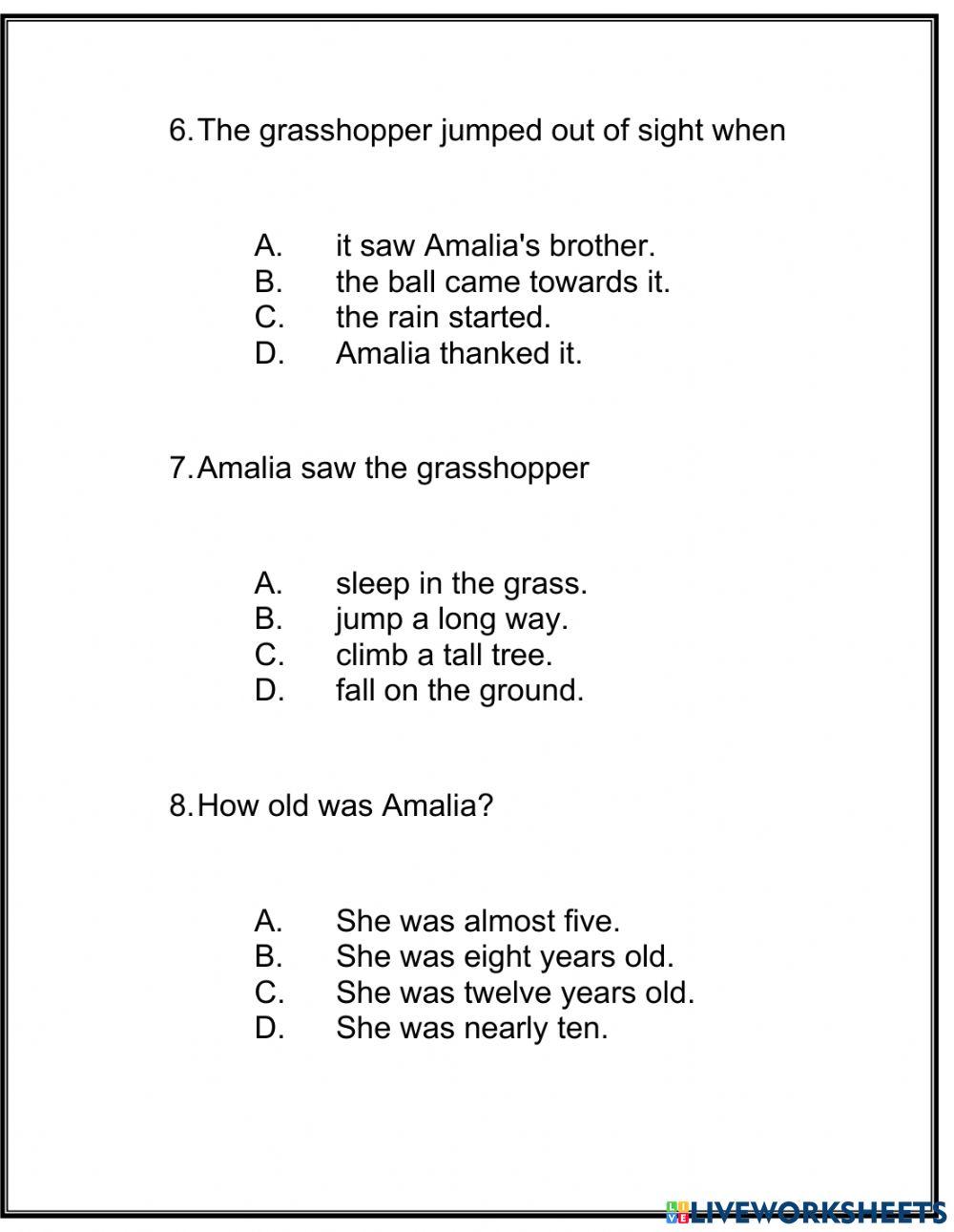 Amalia & the grasshopper(comprehension) worksheet | Live Worksheets