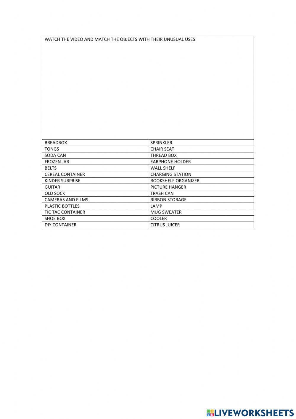Unusual uses of usual objects worksheet | Live Worksheets