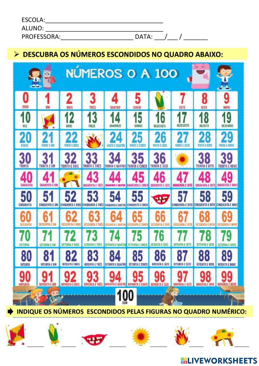 Quadro numérico até 100 worksheet | Live Worksheets