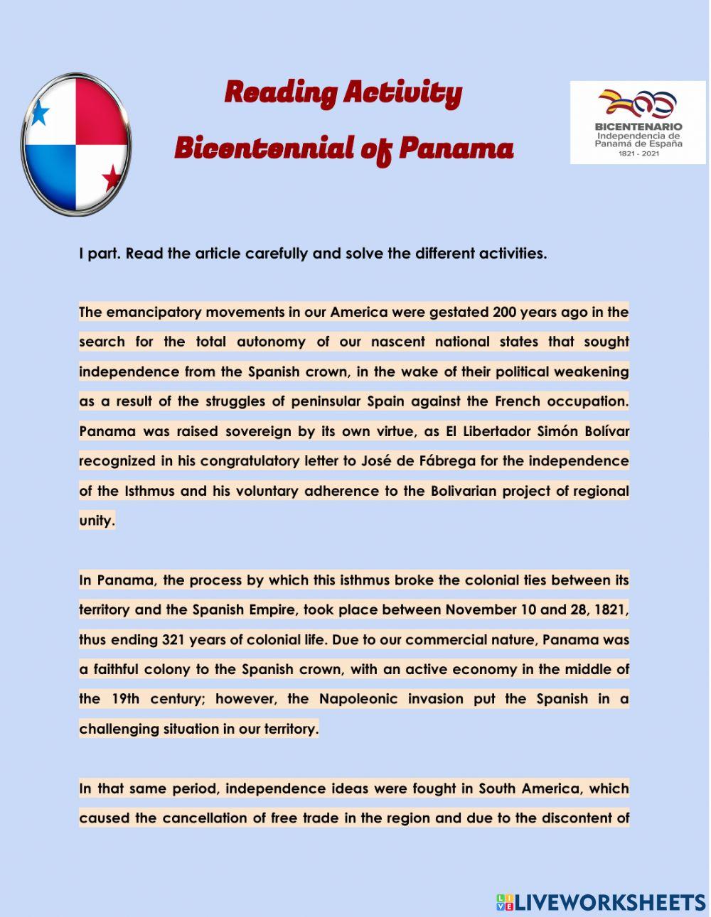 Bicentennial of Panama worksheet | Live Worksheets