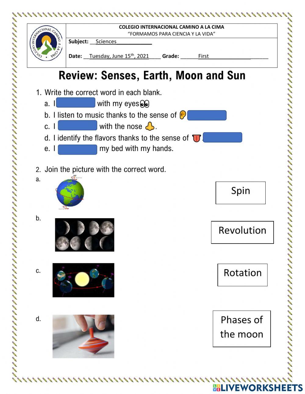 Review Senses and Earth, Moon and Sun worksheet | Live Worksheets