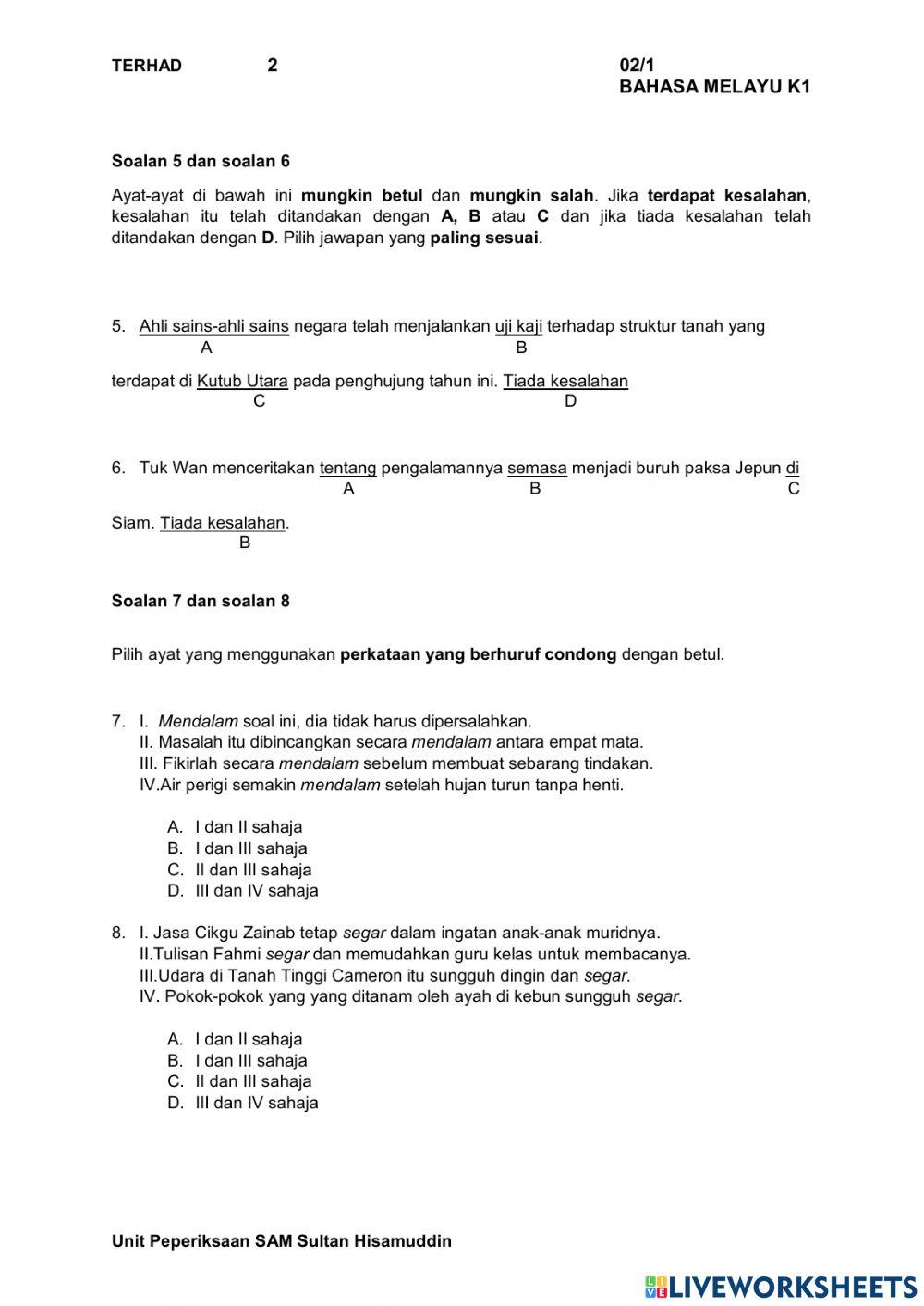 3085261 | UJIAN BAHASA MELAYU TINGKATAN 2 | SAADIAHAB