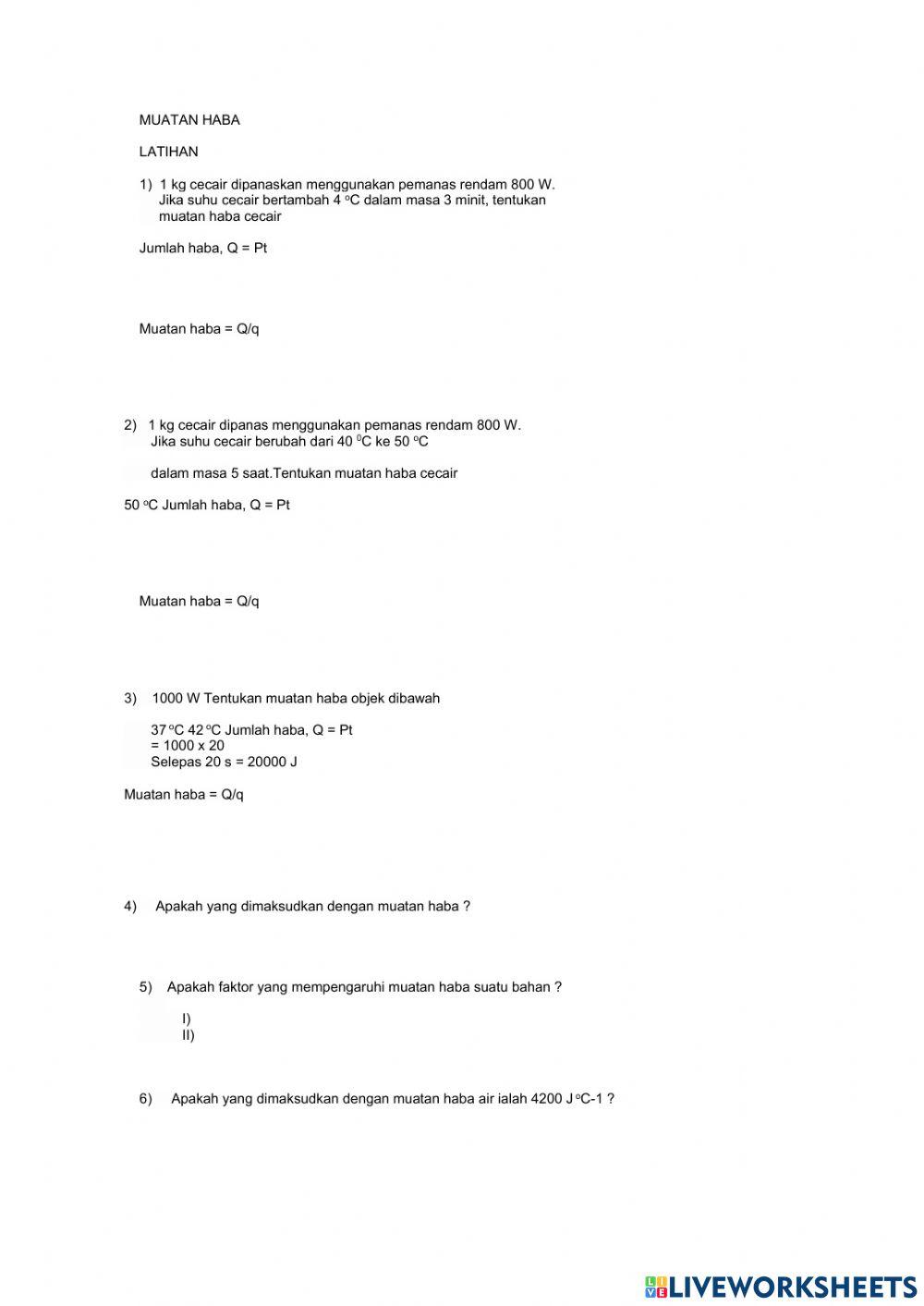 Latihan muatan haba interactive worksheet | Live Worksheets