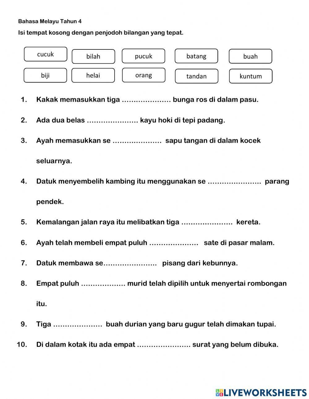 Penjodoh Bilangan Interactive Worksheet For Sr Live Worksheets