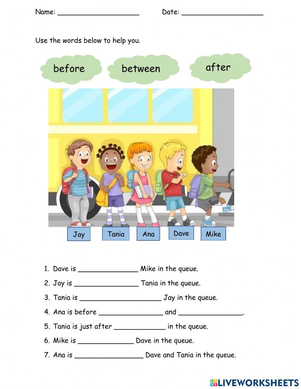 Position words before after between online exercise for | Live Worksheets