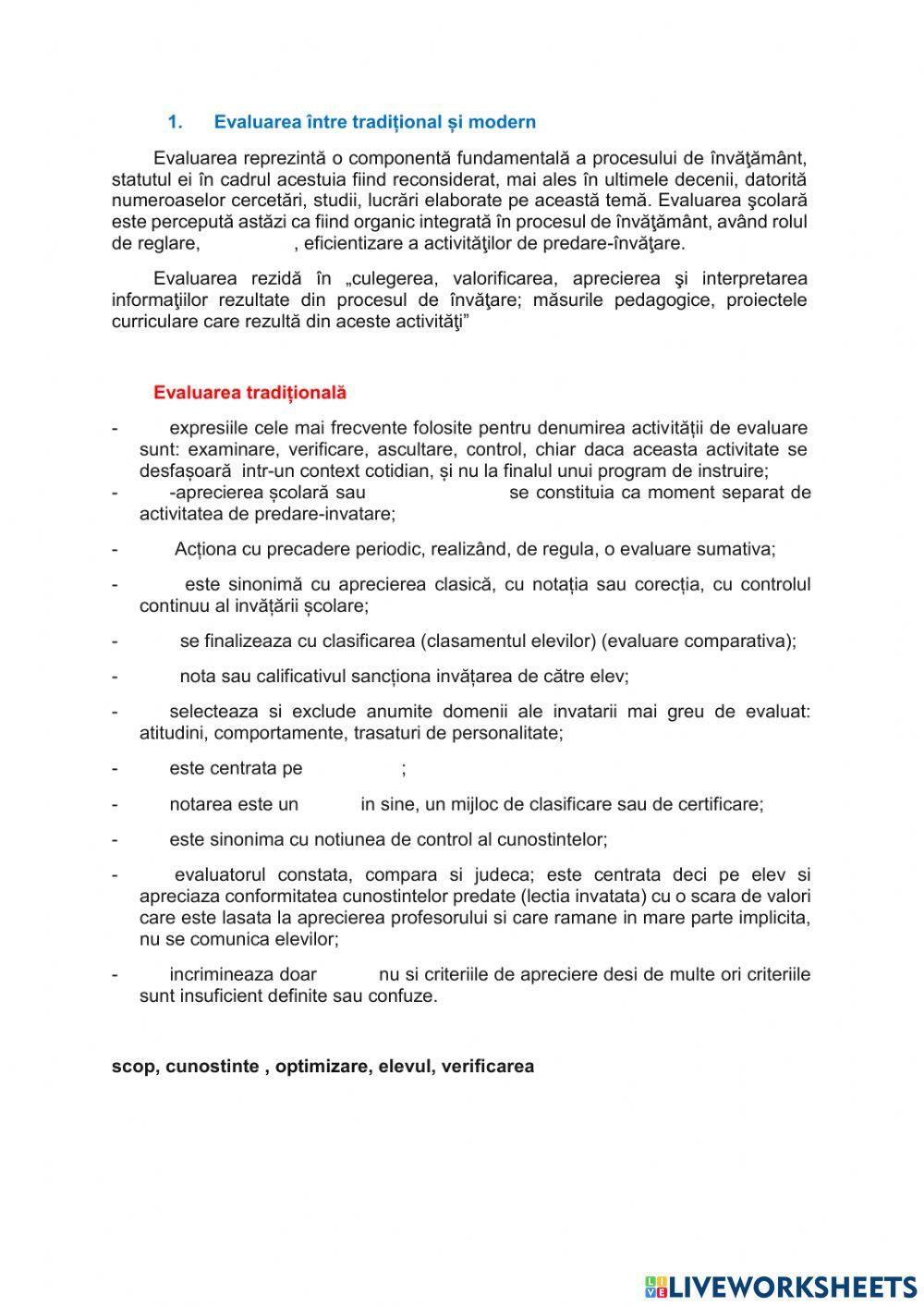 Evaluare traditional modern worksheet | Live Worksheets