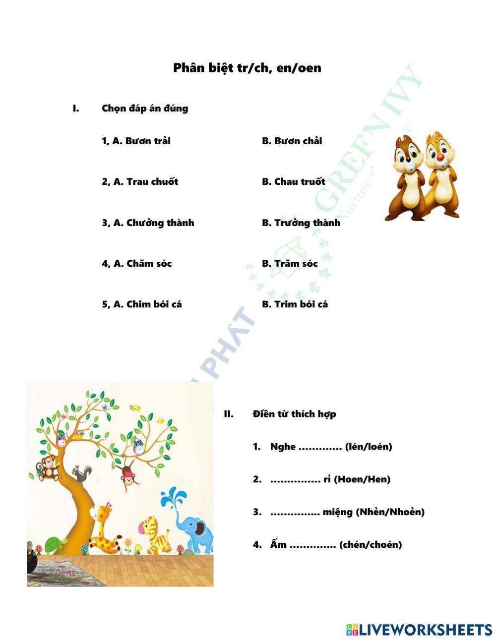 Phân biệt tr-ch, en-oen worksheet | Live Worksheets