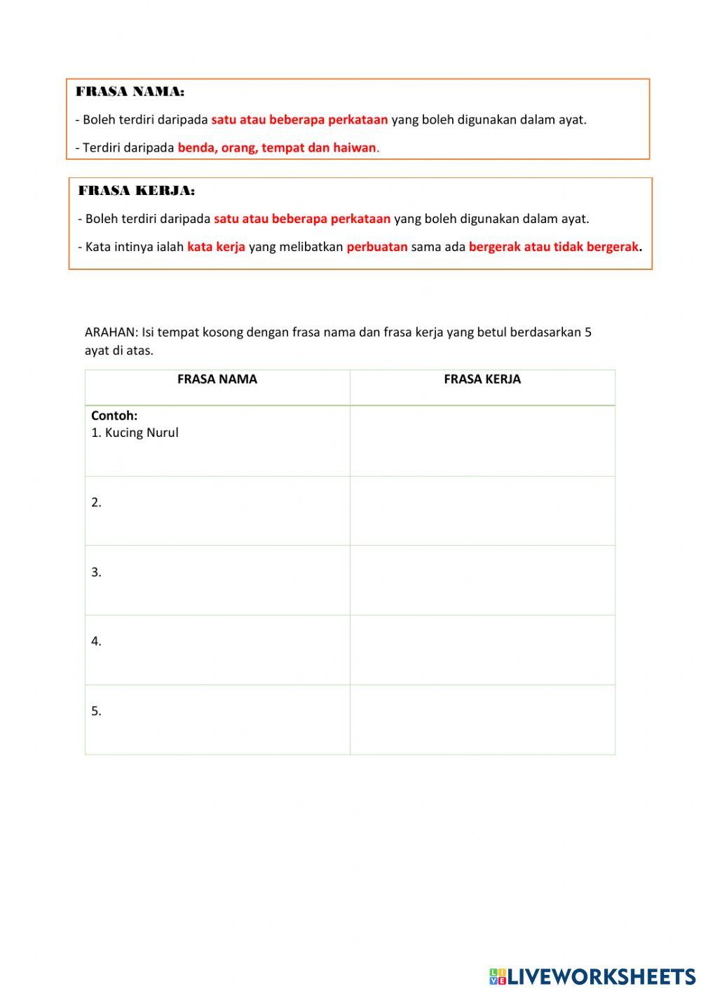 Frasa nama frasa kerja worksheet | Live Worksheets