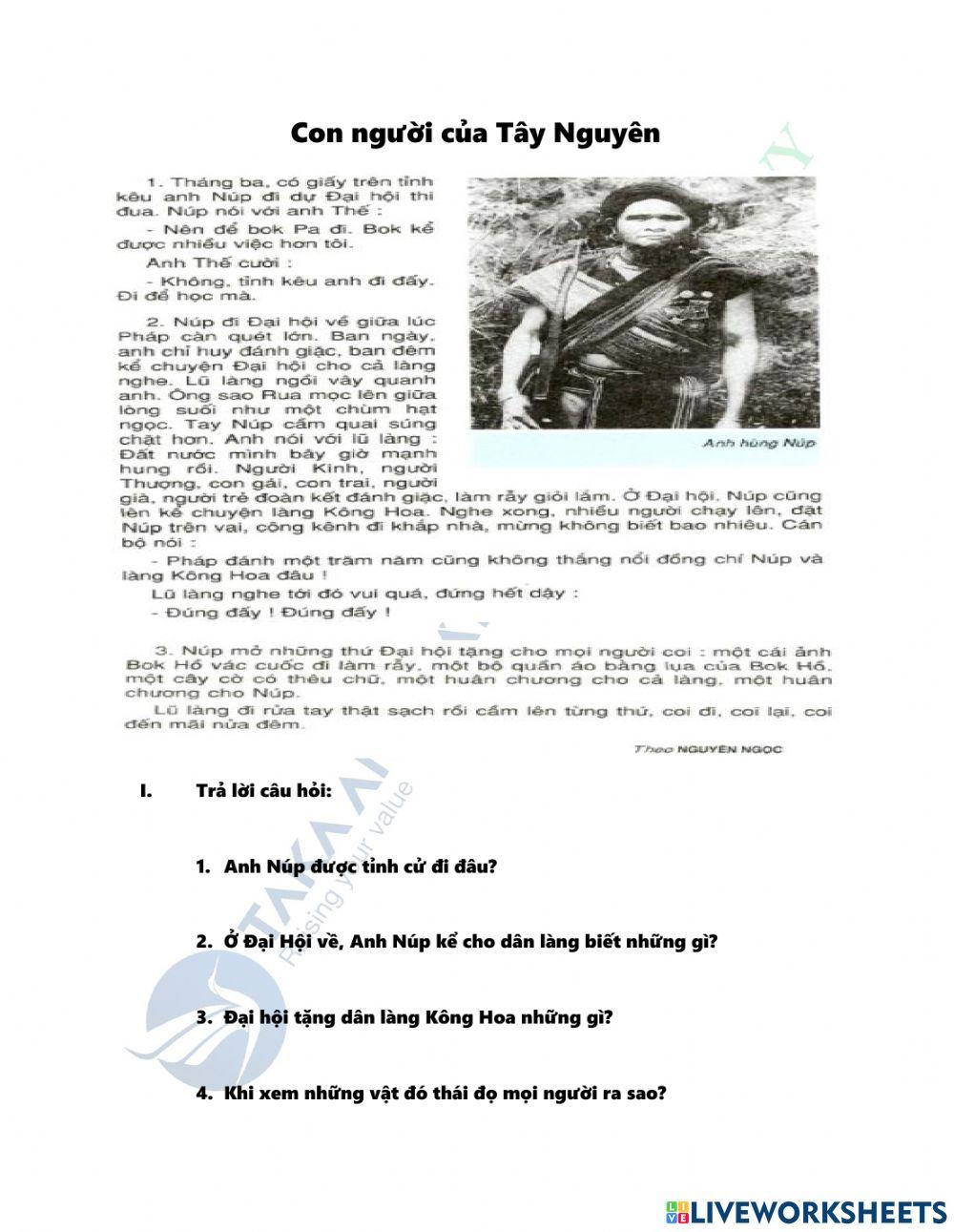 Người con của tây nguyên worksheet | Live Worksheets