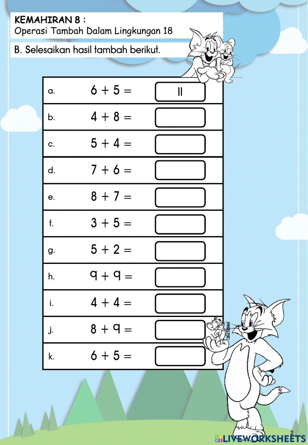 Operasi tambah dalam lingkungan 18 interactive worksheet | Live Worksheets