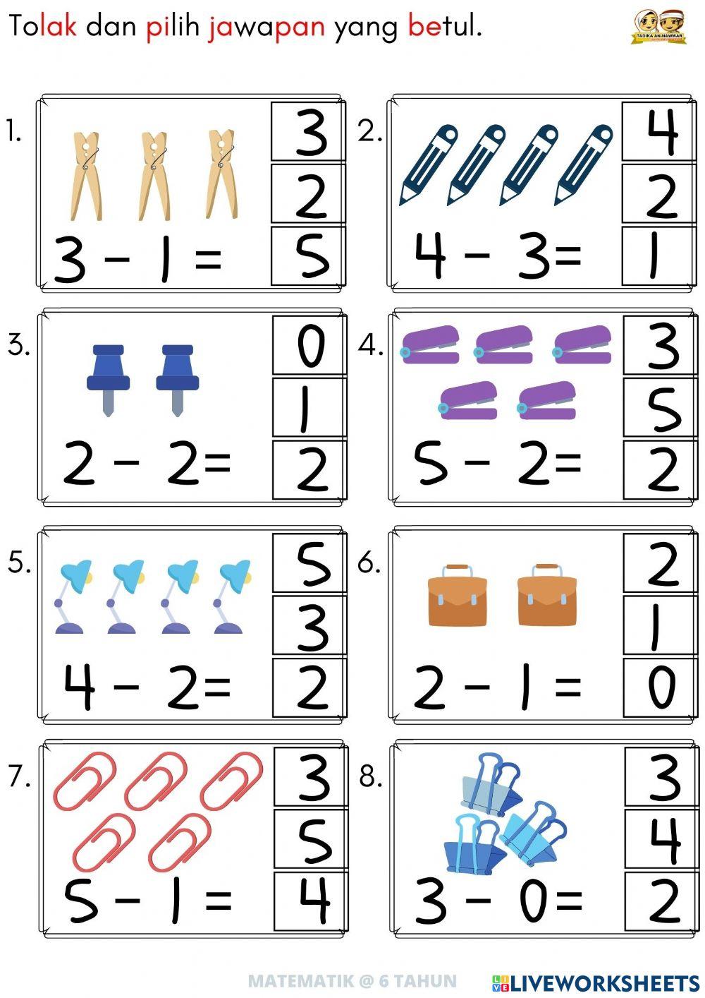 MATHS: Operasi Tolak activity | Live Worksheets
