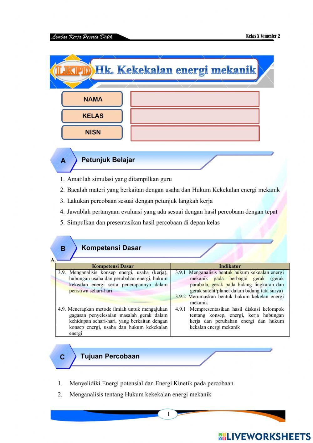 Hukum kekekalan energi mekanik activity | Live Worksheets