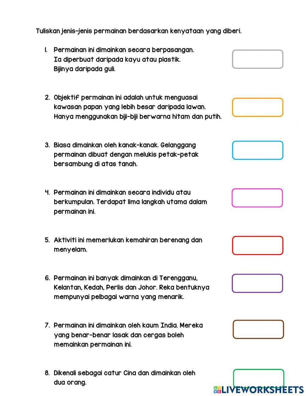 Permainan Tradisional exercise for 16 markah | Live Worksheets