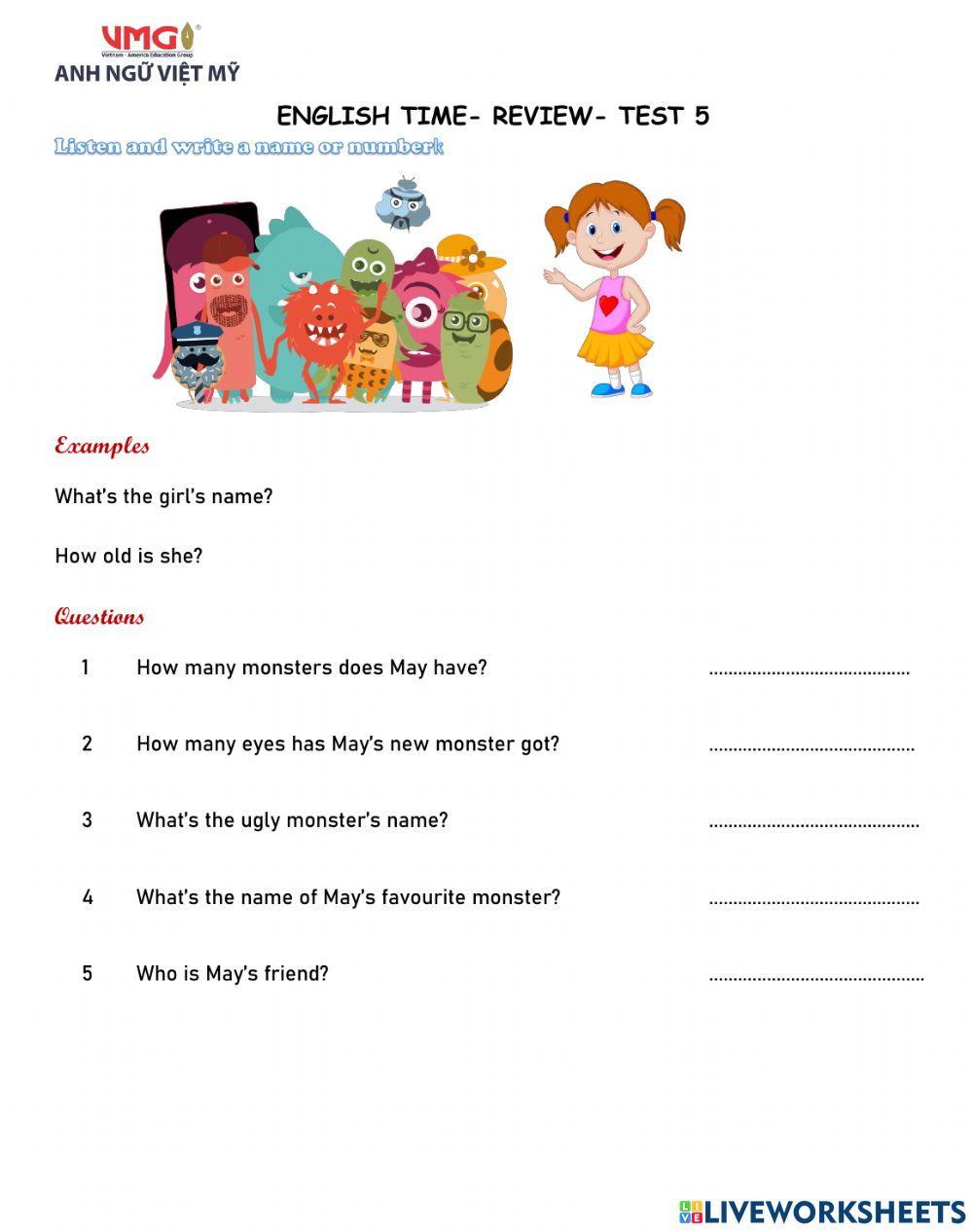 ENGLISH TIME 1 - REVIEW- TEST 5 online exercise for | Live Worksheets