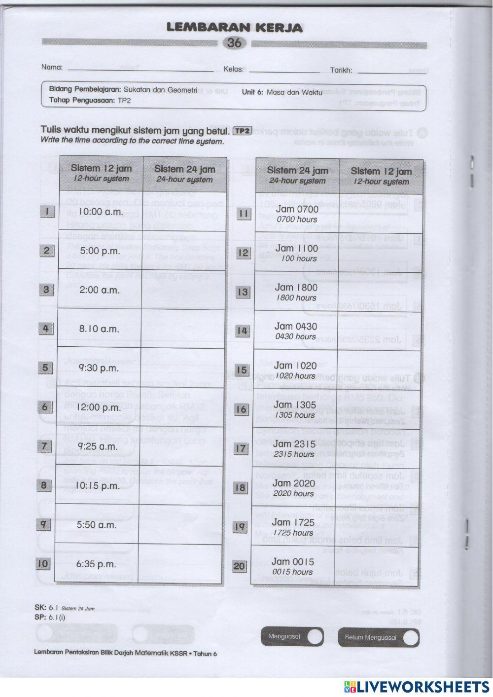 Sistem 24 jam dan sistem 12 jam - TAHUN 6 1085077