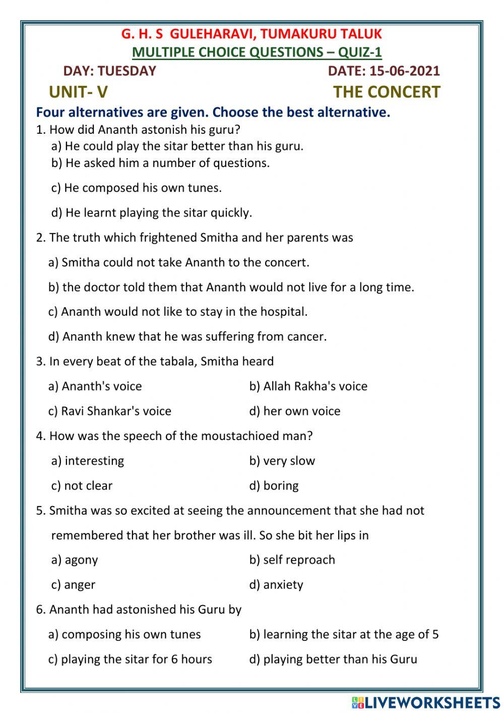 The Concert Quiz-1 worksheet | Live Worksheets