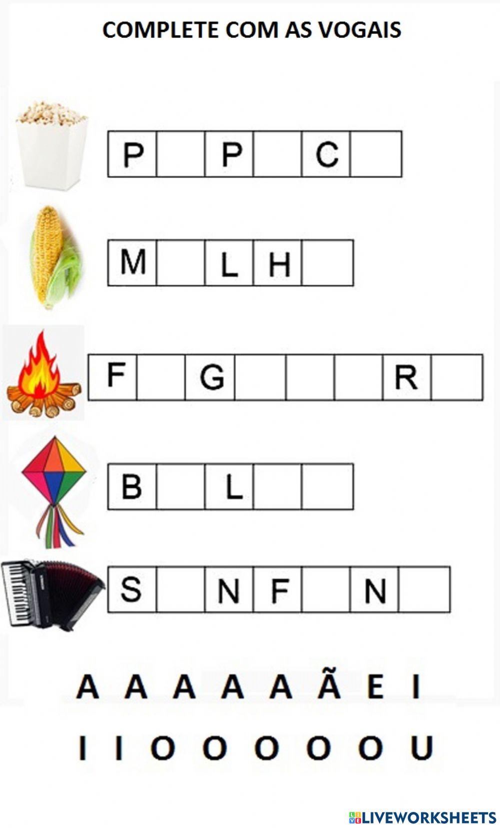 Complete com as vogais online pdf activity for ESTÁGIO 2 | Live Worksheets