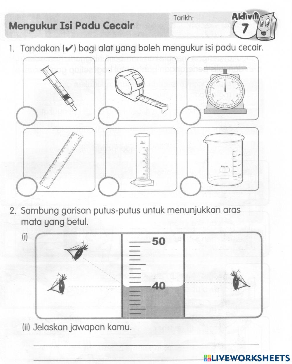 Pengukuran isi padu cecair worksheet | Live Worksheets