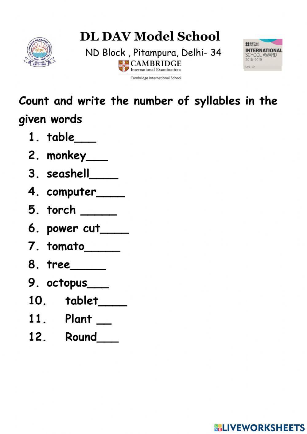 English Syllable | Free Interactive Worksheets | 1085761
