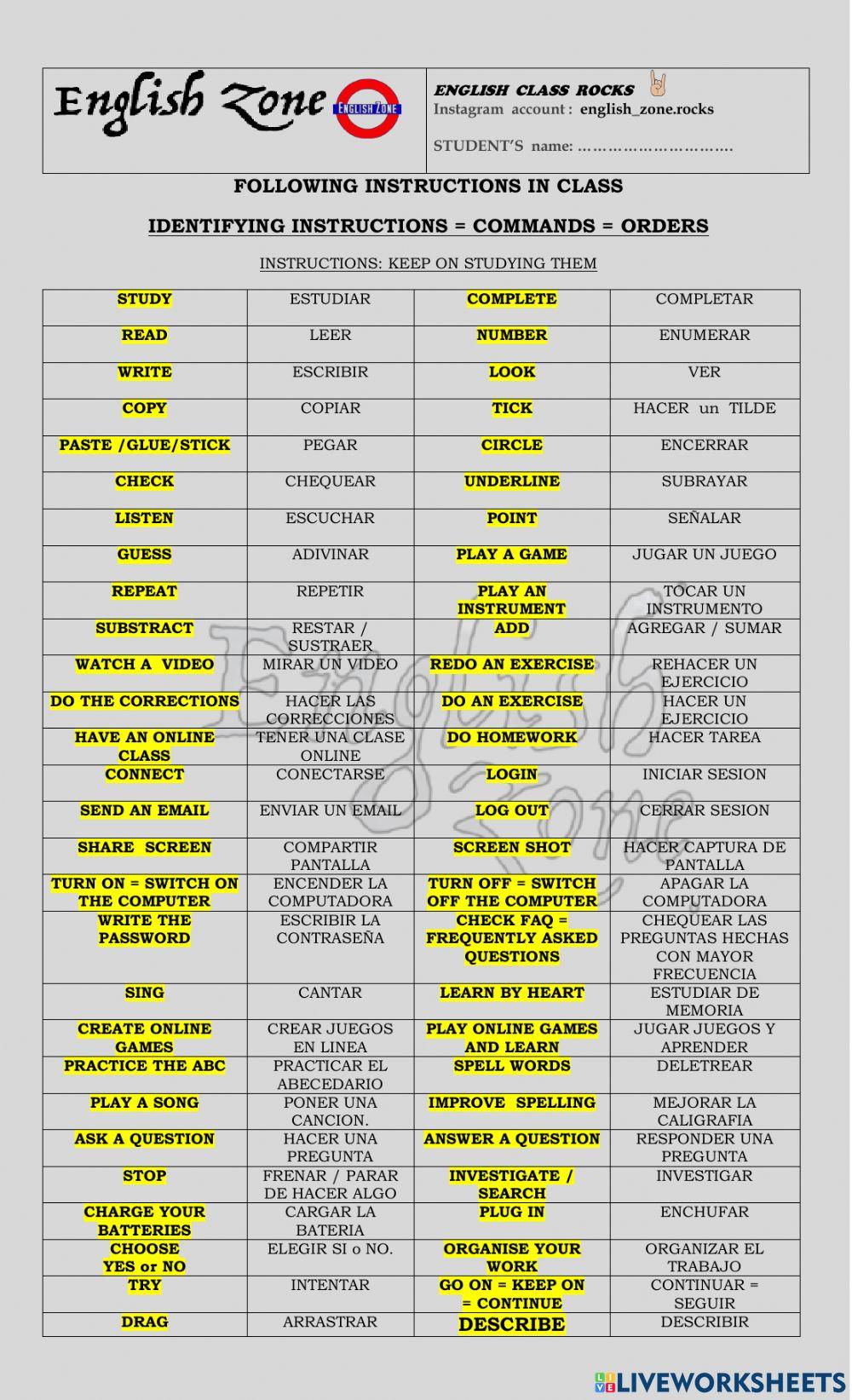 1086138 | Following instructions in class | ENGLISH ZONE