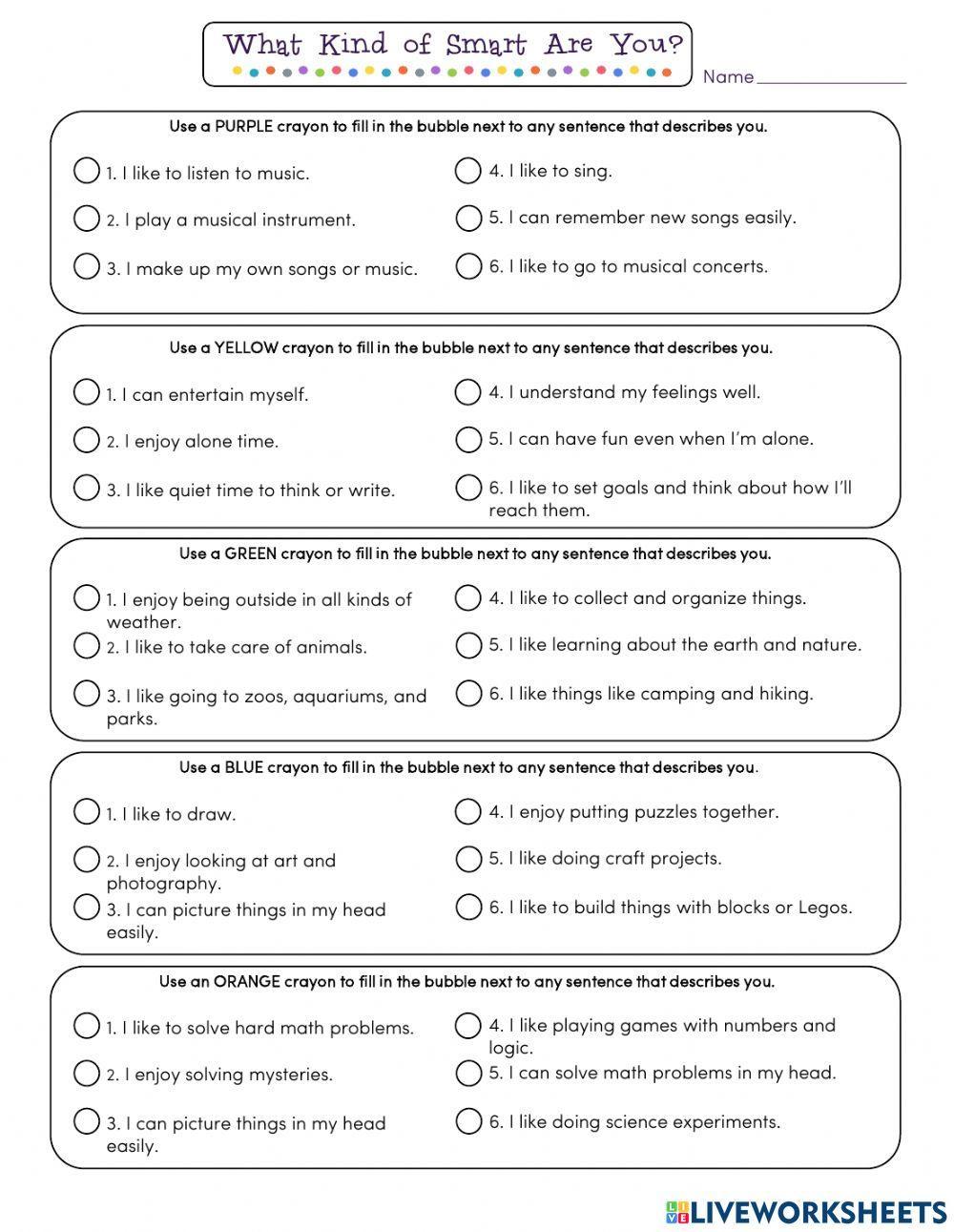 Multiple Intelligences Survey worksheet | Live Worksheets