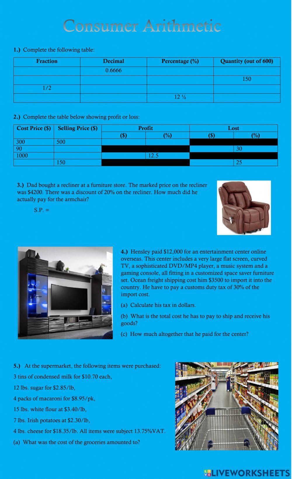 Consumer Arithmetic Worksheet Live Worksheets consumer-arithmetic-worksheet-live-worksheets