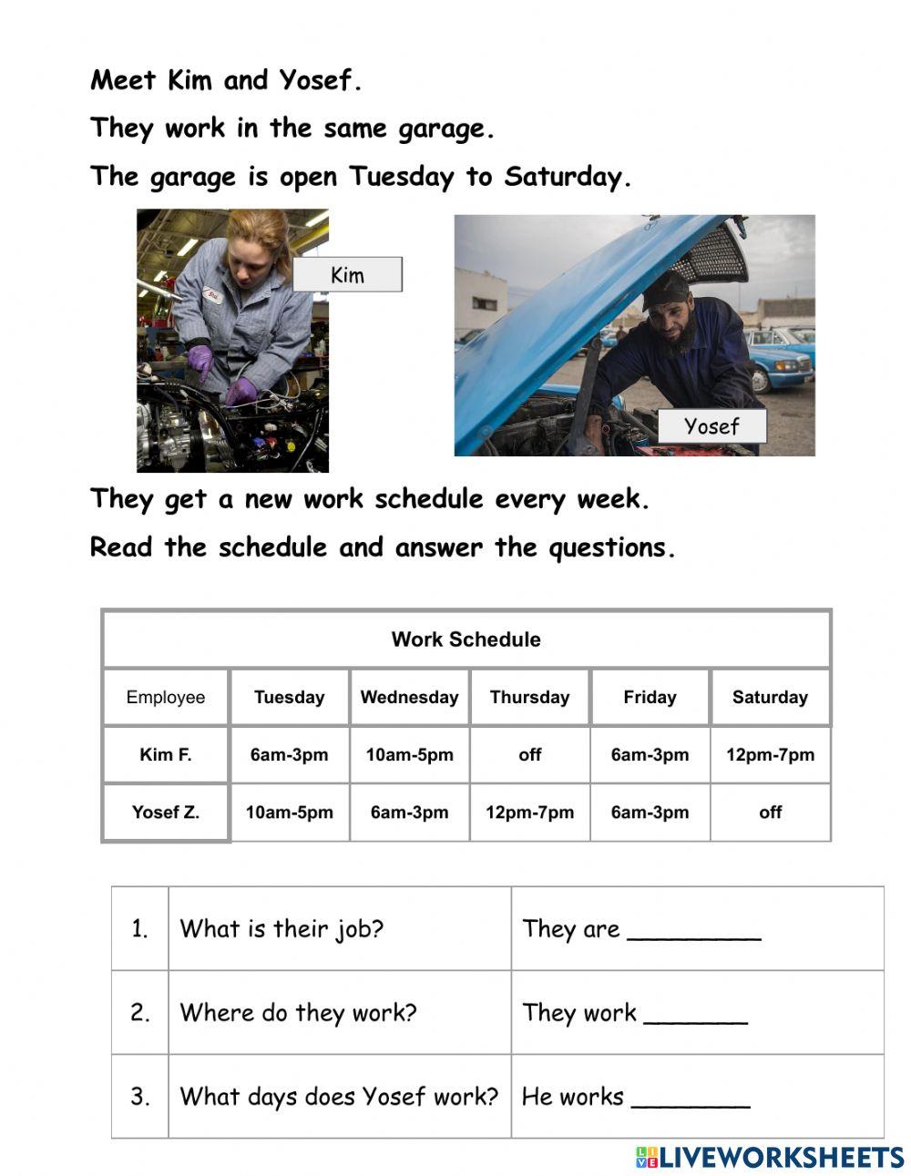 Reading a work schedule Test 6634112 | Eva Wallace | Live