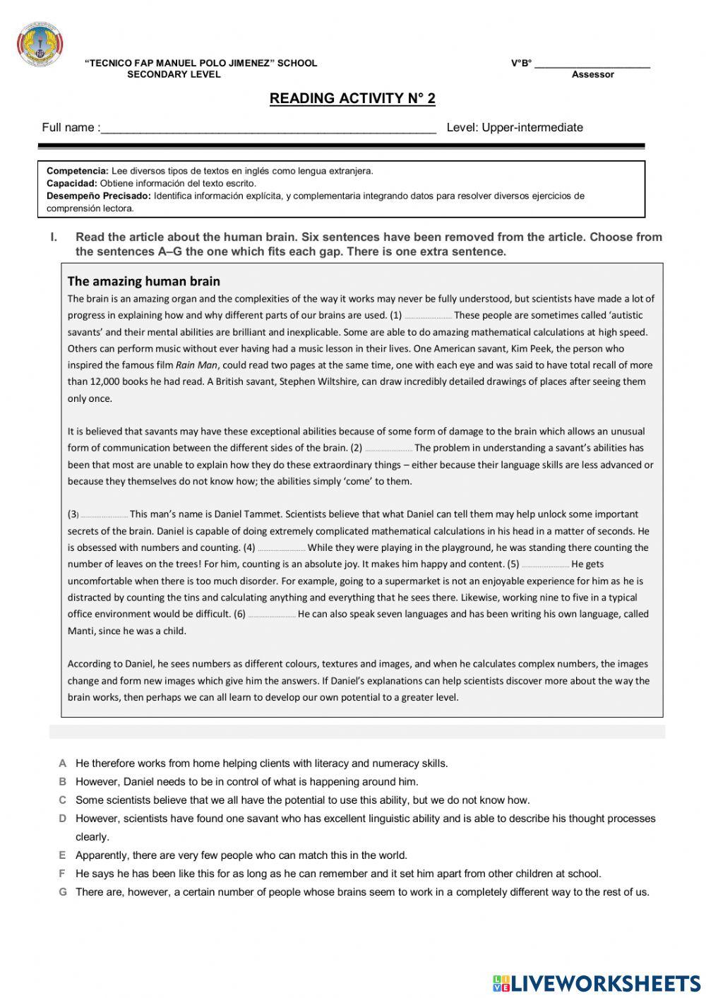 Reading activity n°2 exercise | Live Worksheets