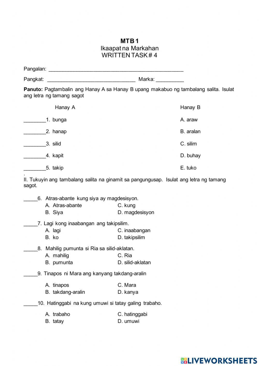 Mtb Wt-4 4q worksheet | Live Worksheets