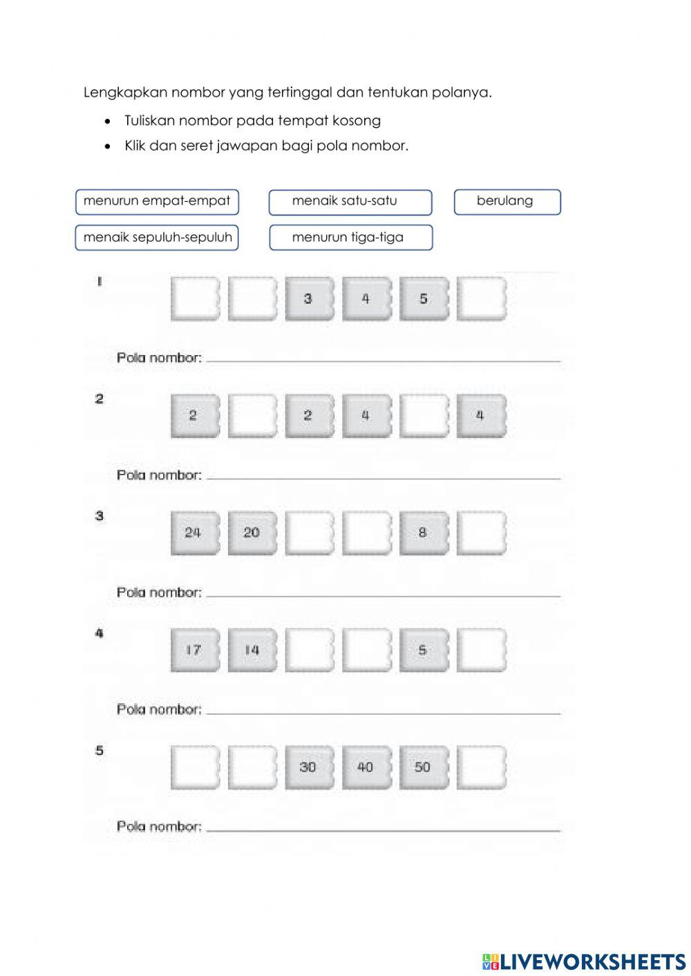 Pola Nombor | Free Interactive Worksheets | 1087772