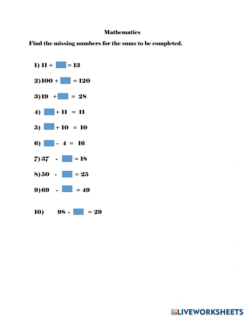 Computations with Missing numbers worksheet | Live Worksheets