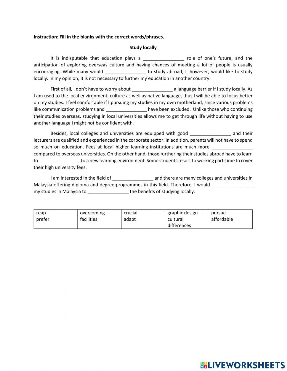 Study locally worksheet | Live Worksheets