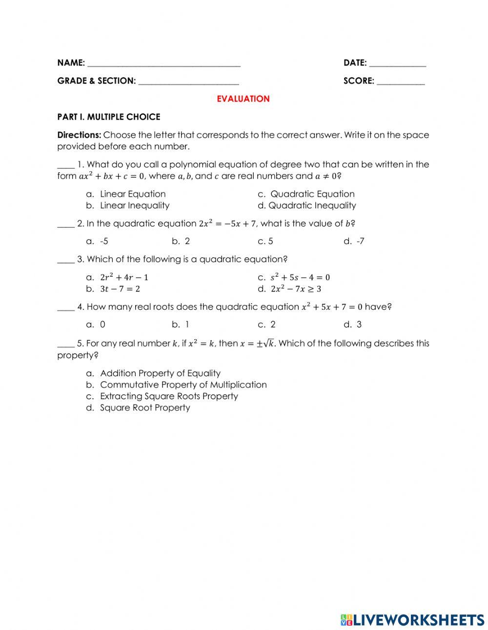 Solving Quadratic Equations By Extracting Square Roots Worksheet